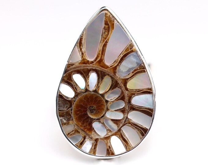 Natural Ammonite Fossil With Mother of Pearl Inlay Ring - Adjustable ...