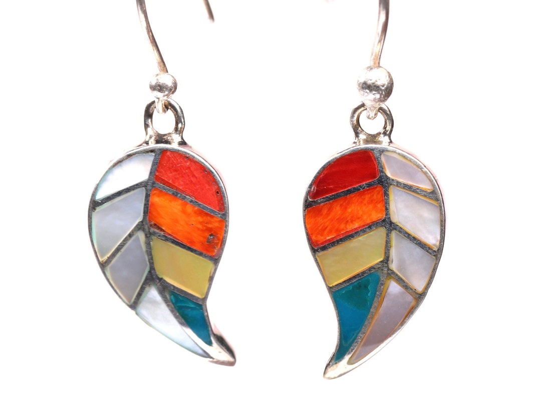 Sterling Silver Inlay Leaf Earrings W/ Chrysocolla Mother of - Etsy