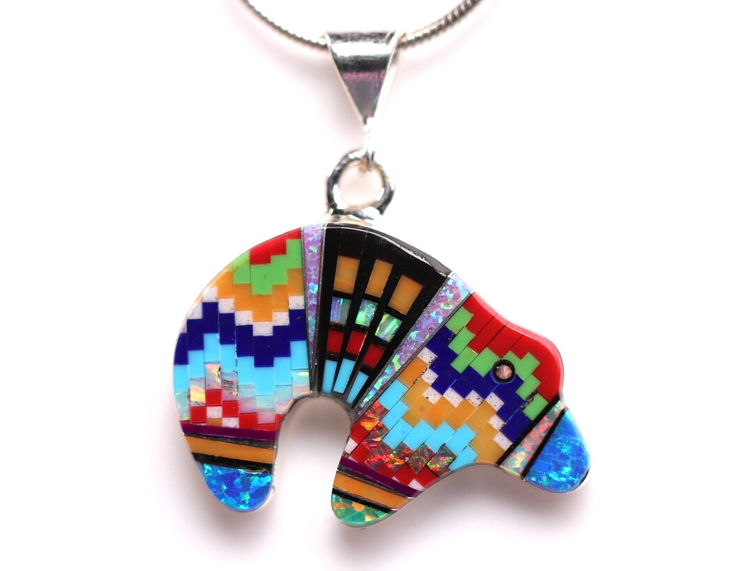 Southwestern Micro Inlay Bear Pendant - Sterling Silver Jewelry - One ...
