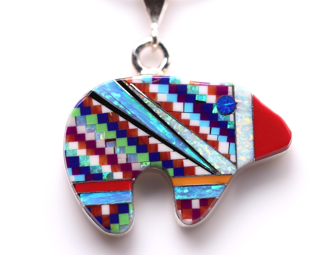 Southwestern Micro Inlay Bear Pendant - Sterling Silver Jewelry - One ...