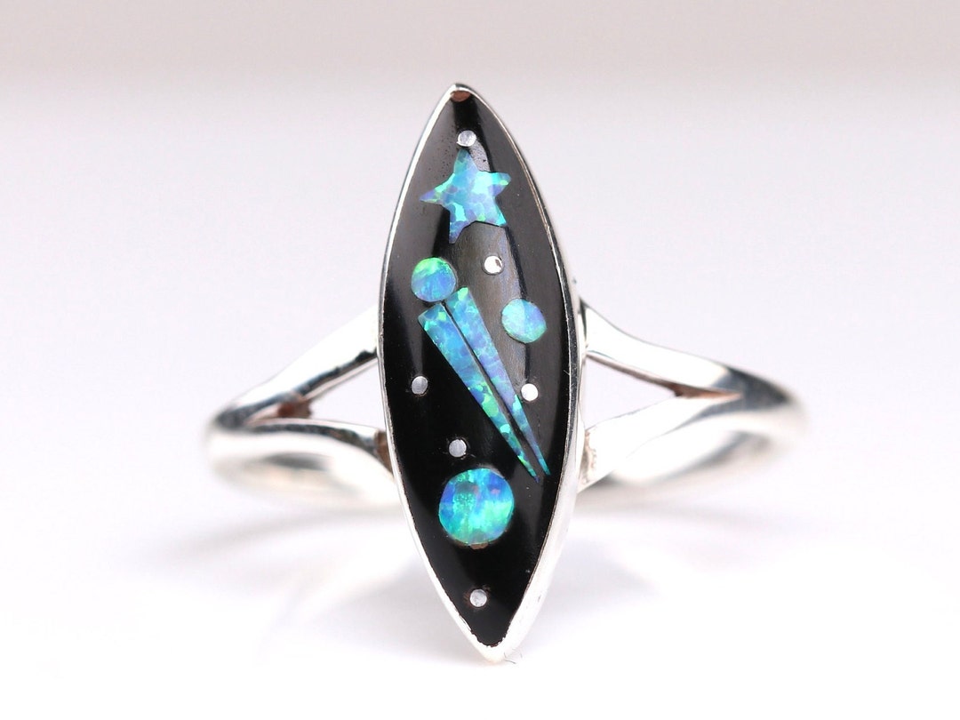 Southwestern Geometric Blue Fire Opal & Black Jet Gemstone Inlay Ring ...