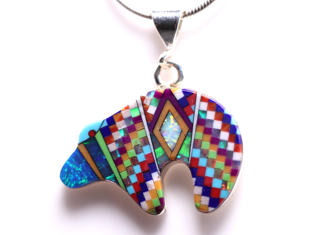 Southwestern Micro Inlay Bear Pendant - Sterling Silver Jewelry - One ...