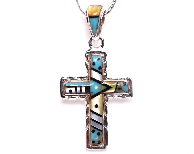 Southwestern Theme Inlay Cross Pendant - Sterling Silver Pendant ...
