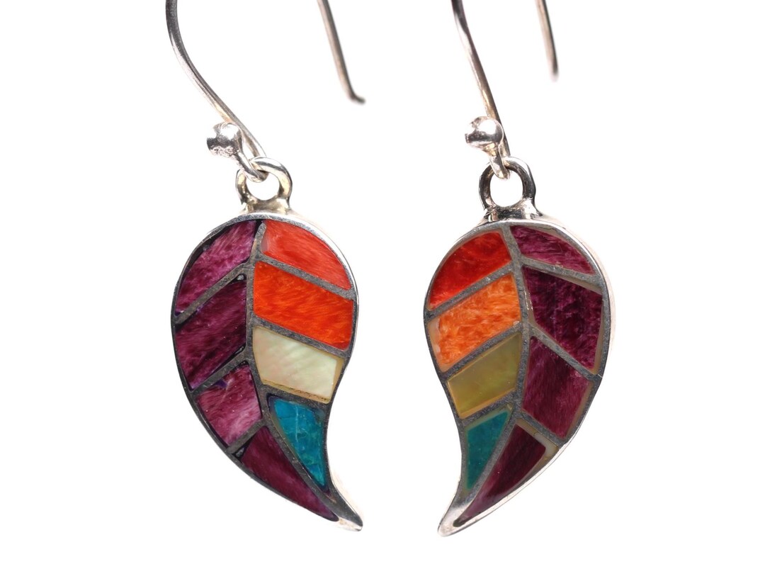Sterling Silver Inlay Leaf Earrings With Turquoise, Mother of Pearl ...