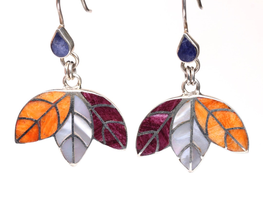 Sterling Silver Inlay Leaf Earrings W/ Mother of Pearl & Orange and ...