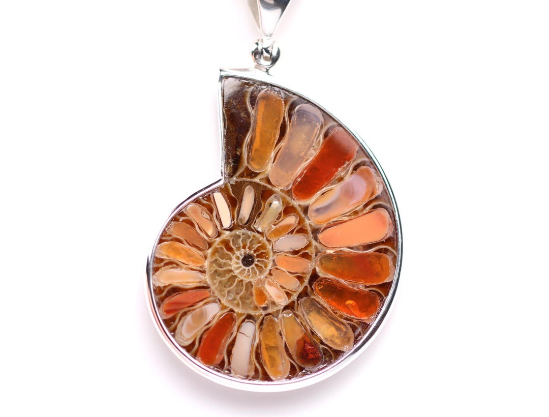 Ammonite Inlay Pendant With Mexican Fire Opal Inlay - Sterling Silver ...