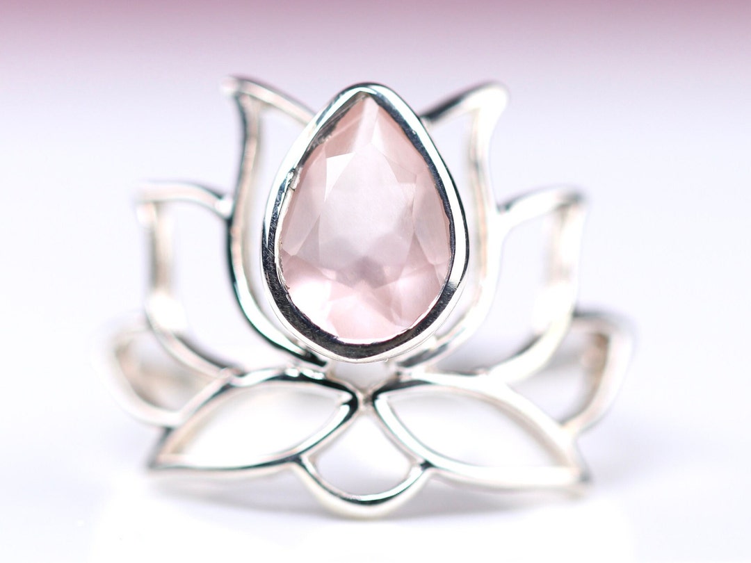 Natural Rose Quartz Sterling Silver Lotus Flower Ring - Teardrop Cut ...