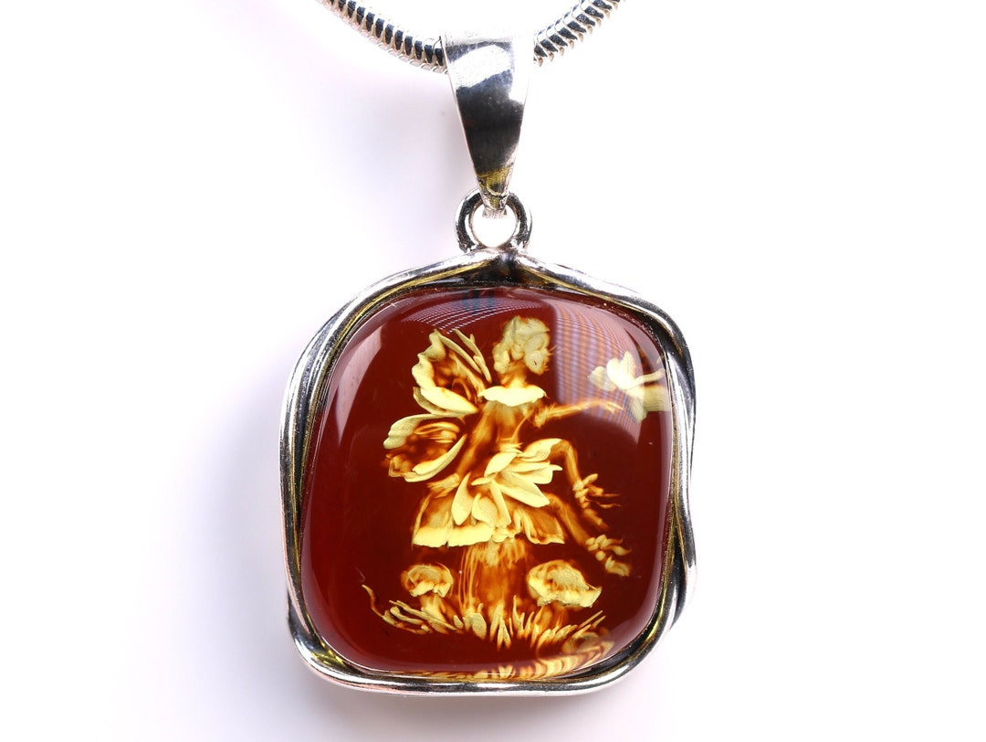 Sterling Silver Cognac Amber Pendant - Hand Carved Reverse Intaglio ...