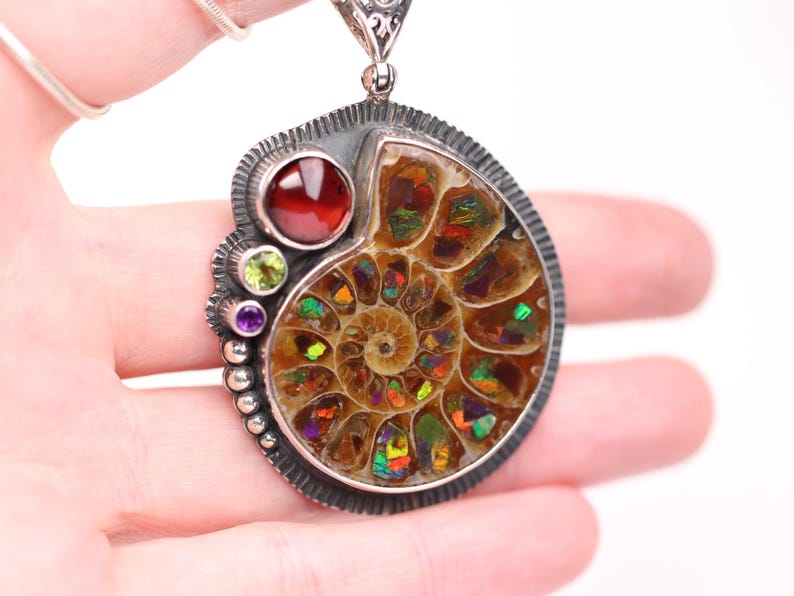 Ammonite Inlay Pendant With Ammolite & Garnet, Peridot, and Amethyst ...