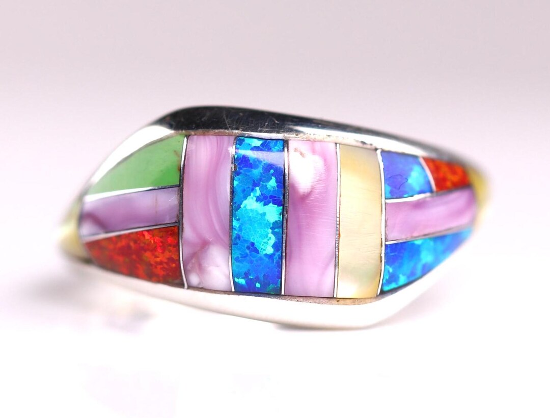 Sterling Silver Southwestern Geometric Multicolor Gemstone Inlay Ring ...