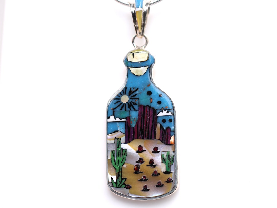 Sterling Silver Desert Scene Inlay Pendant - One of a Kind Scene in a ...