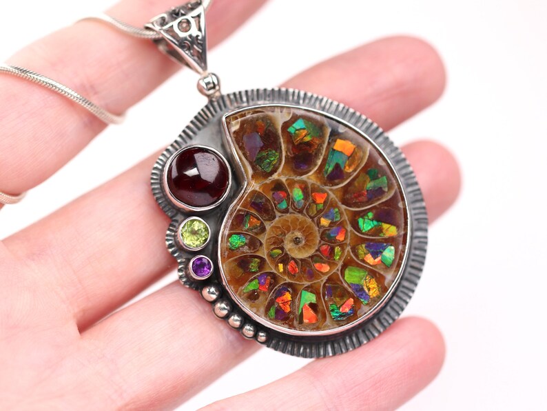 Ammonite Inlay Pendant With Ammolite & Garnet, Peridot, and Amethyst ...