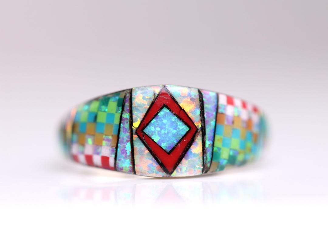 Size 6.5 - Southwestern Geometric Multicolor Adobe Gemstone Inlay Ring ...
