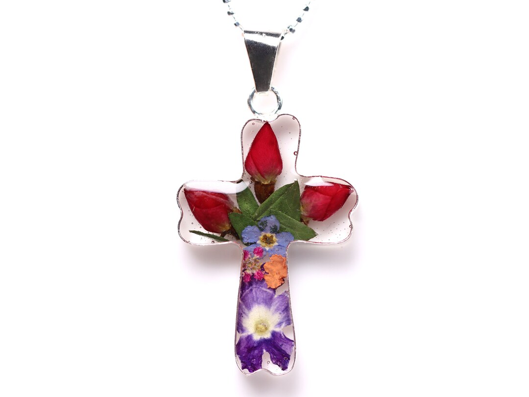 Sterling Silver Pressed Flower Cross Necklace Chain Included Botanical ...