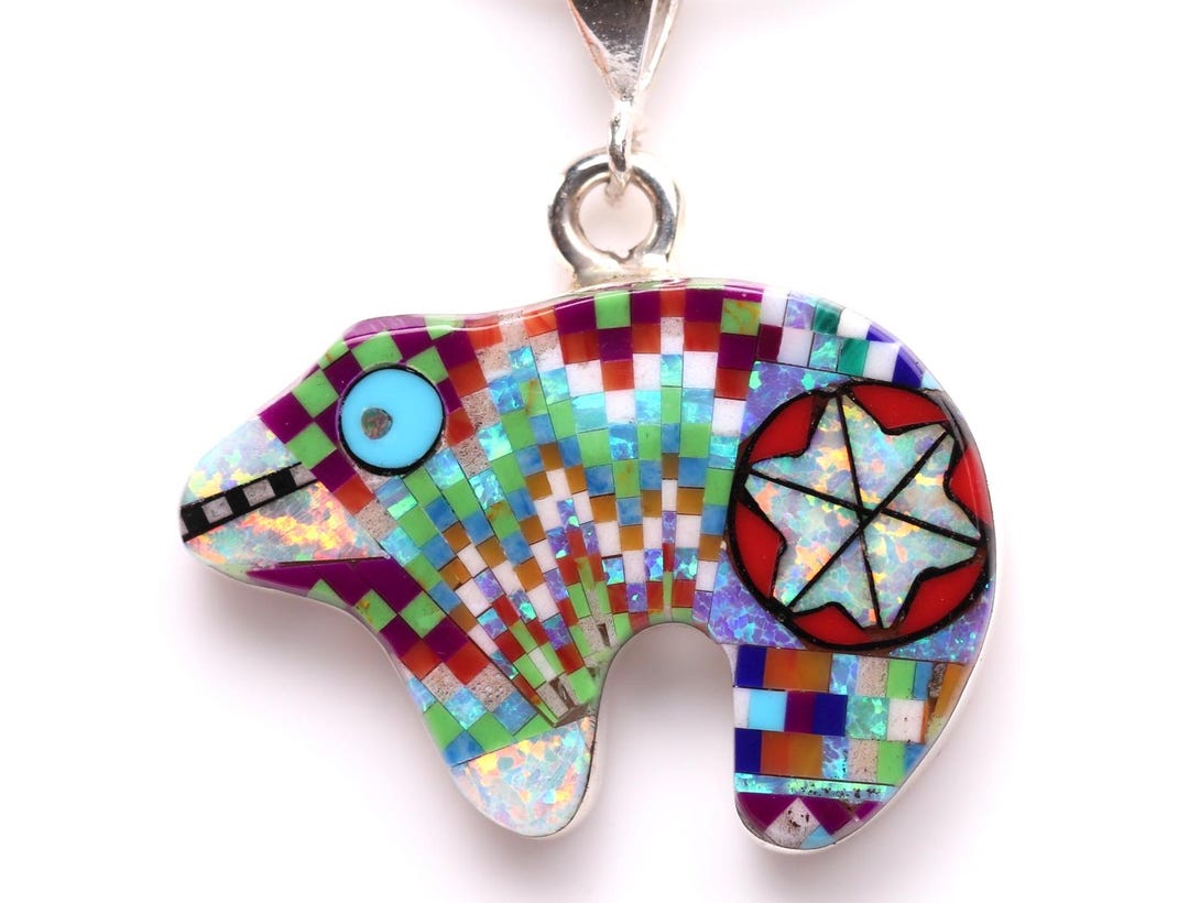 Southwestern Micro Inlay Bear Pendant - Sterling Silver Jewelry - One ...