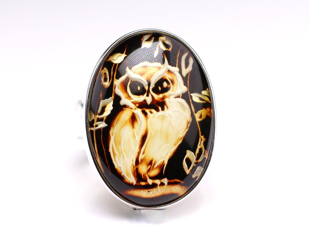 Sterling Silver Amber Ring - Hand Carved Owl Reverse Intaglio Jewelry ...