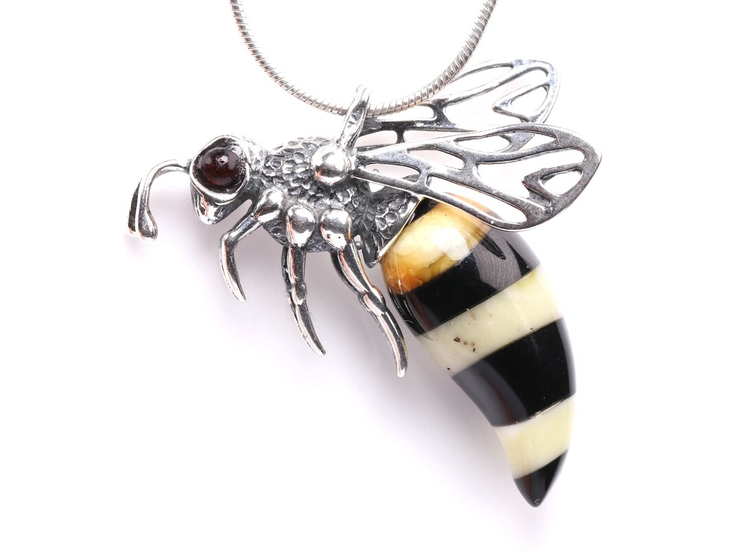 Sterling Silver Amber Bee Pendant Genuine Baltic Cognac Amber Necklace ...