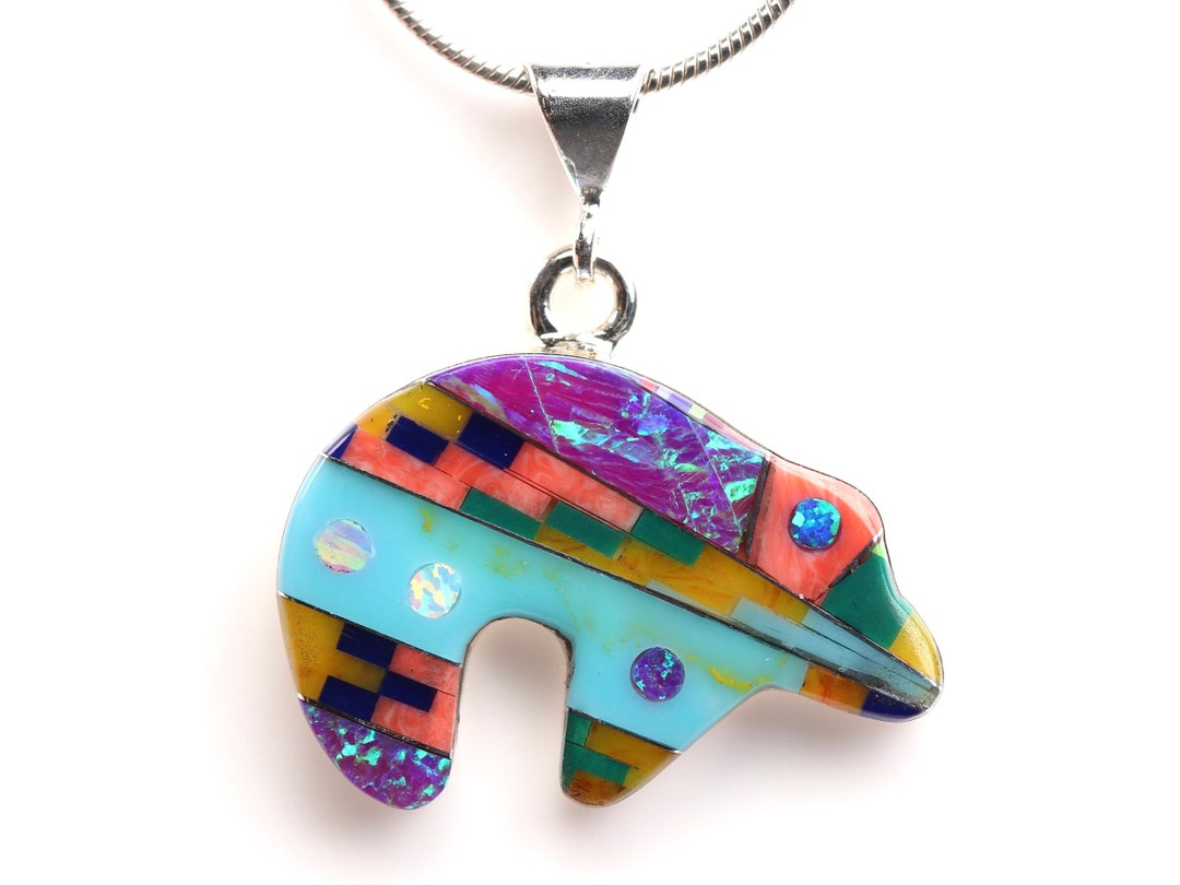 Southwestern Micro Inlay Bear Pendant - Sterling Silver Jewelry - One ...
