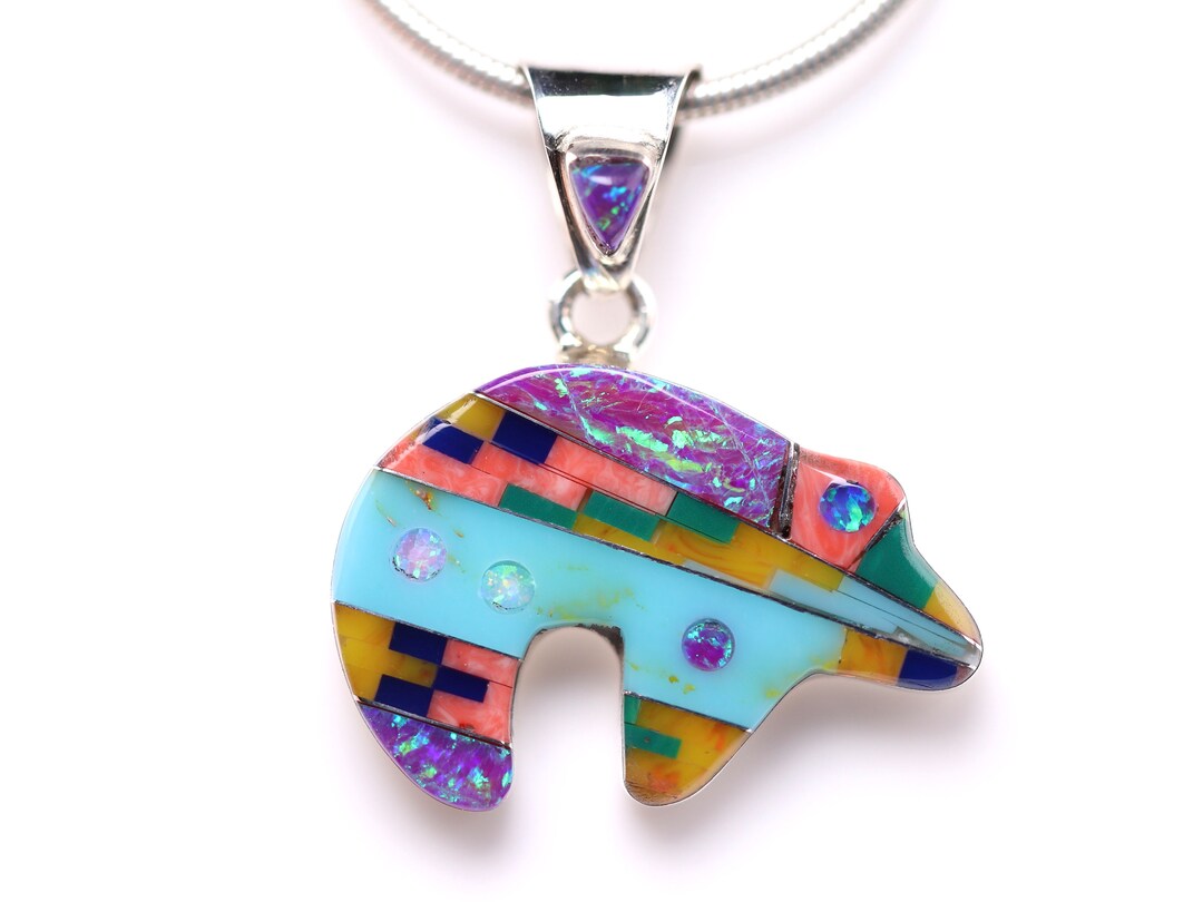 Southwestern Micro Inlay Bear Pendant - Sterling Silver Jewelry - One ...