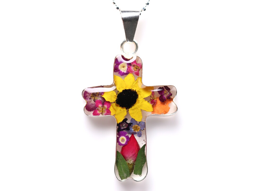 Sterling Silver Pressed Flower Cross Necklace - Chain Included ...