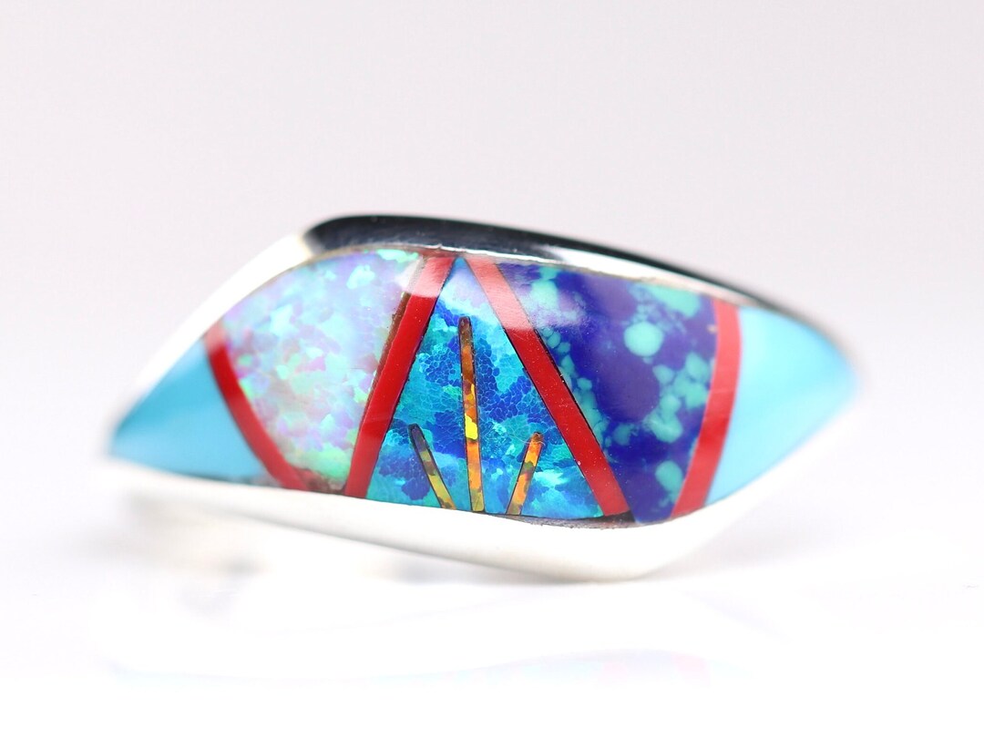 Sterling Silver Southwestern Geometric Multicolor Gemstone Inlay Ring ...