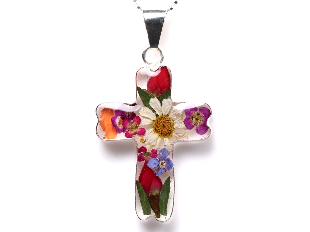 Sterling Silver Pressed Flower Cross Necklace - Chain Included ...