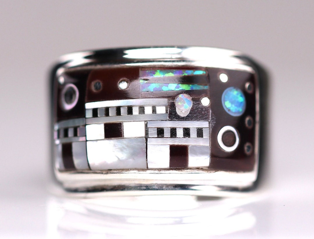 Southwestern Geometric Night Time Outer Space Gemstone Inlay Ring - One ...