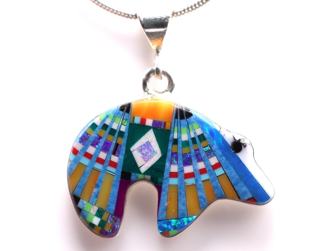 Southwestern Micro Inlay Bear Pendant - Sterling Silver Jewelry - One ...