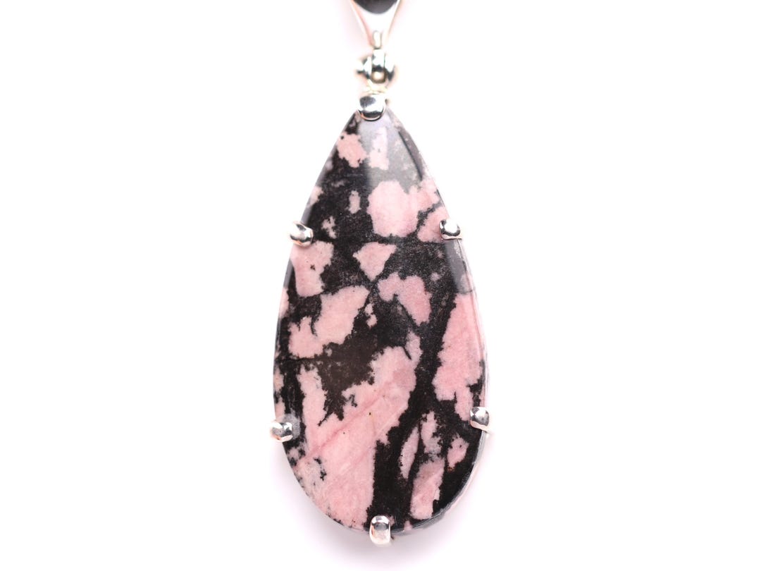 Genuine Rhodonite Pendant - Pear Shape Cabochon Gemstone in Sterling ...