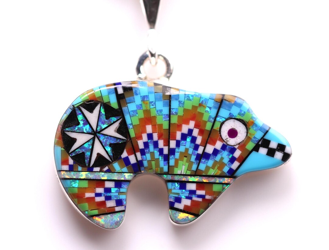 Southwestern Micro Inlay Bear Pendant - Sterling Silver Jewelry - One ...