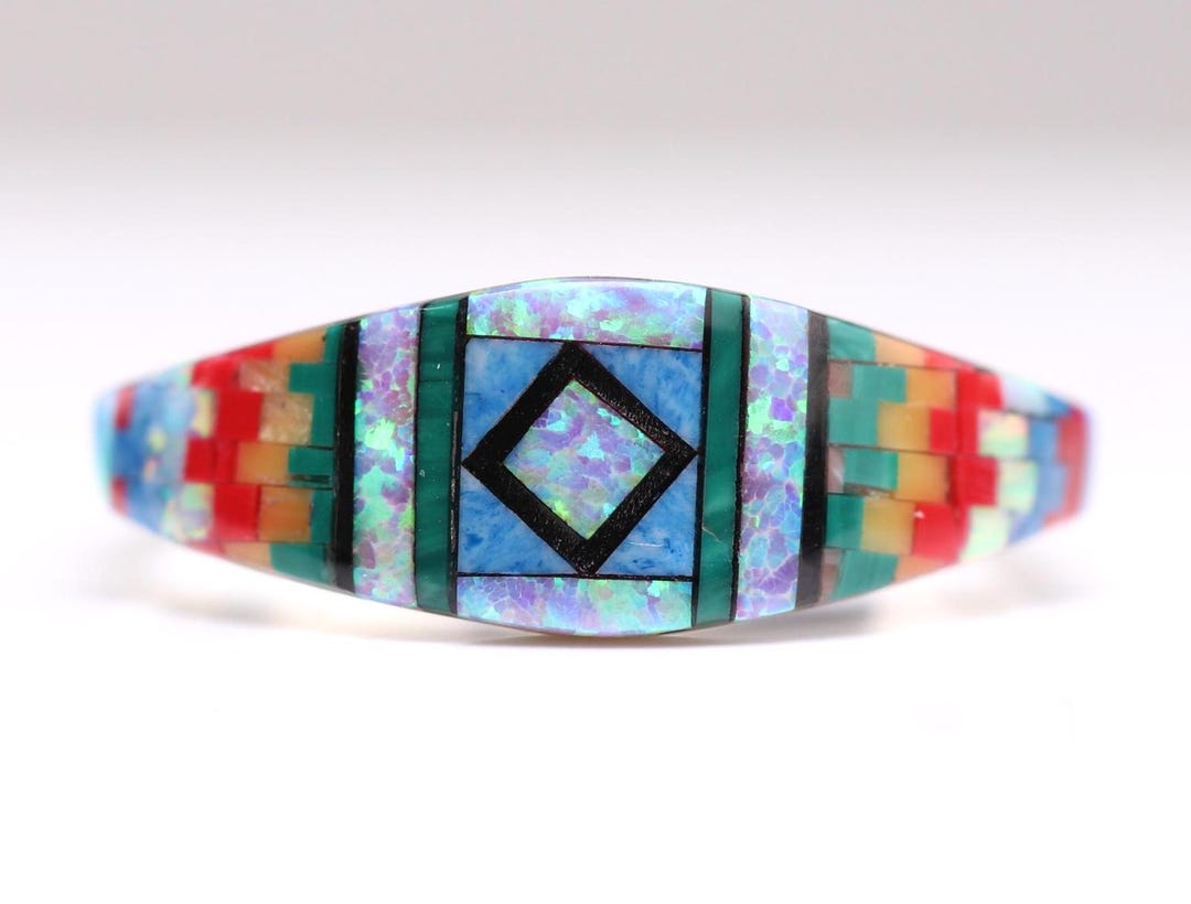 Size 9 - Southwestern Geometric Multicolor Adobe Gemstone Inlay Ring ...