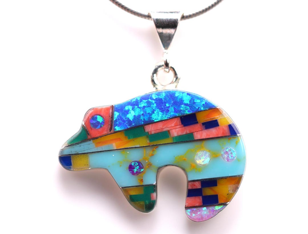Southwestern Micro Inlay Bear Pendant - Sterling Silver Jewelry - One ...