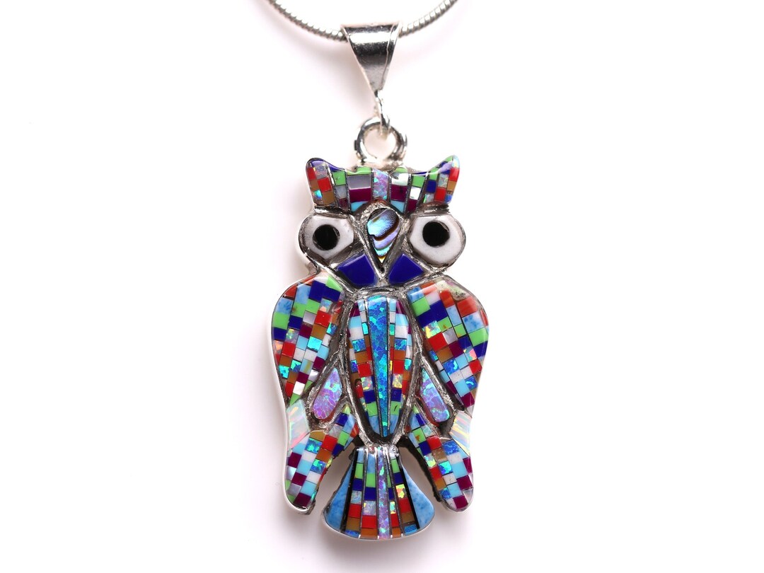 Sterling Silver Geometric Owl Inlay Pendant - One of a Kind Pendant ...