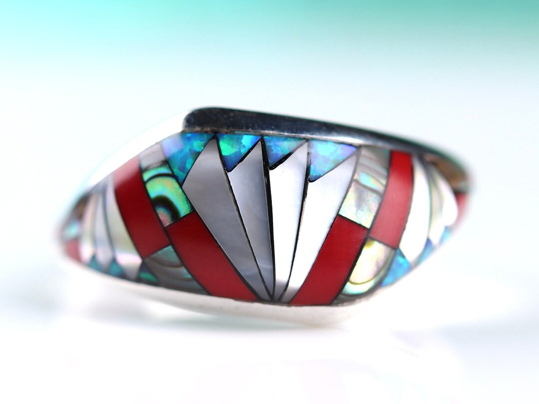 Sterling Silver Southwestern Geometric Multicolor Gemstone Inlay Ring ...