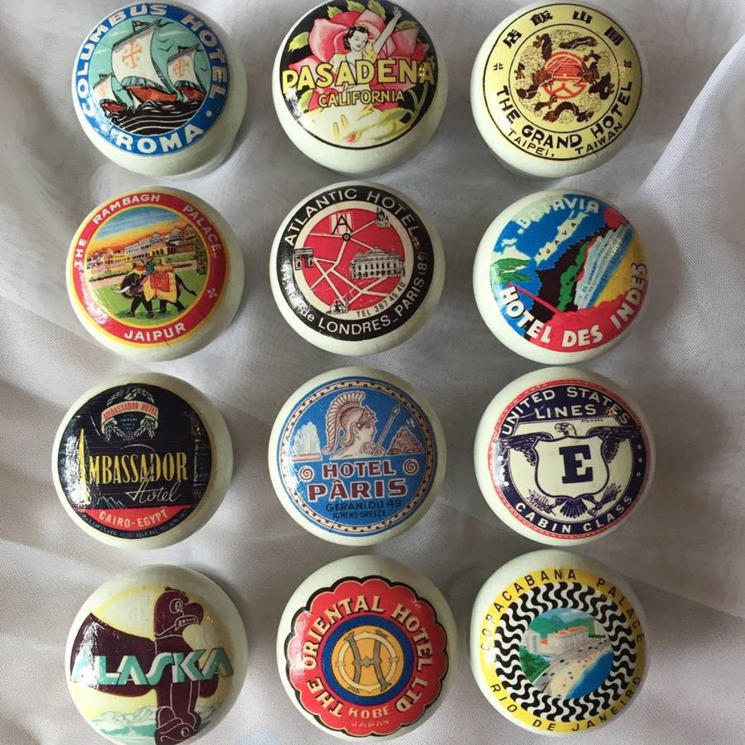 Vintage Travel Label Knobs, Dresser Pulls, Handles, Set of Twelve ...
