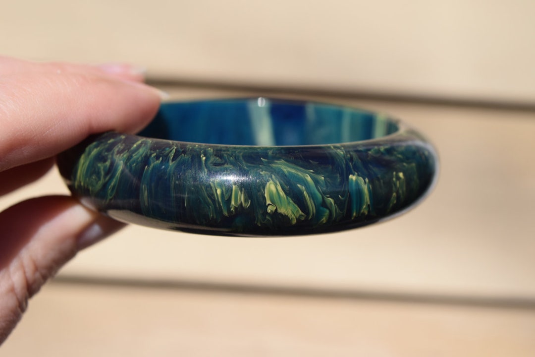 Bakelite Bracelet Blue Moon Green Yellow Marbled Vintage Bangle Rare ...