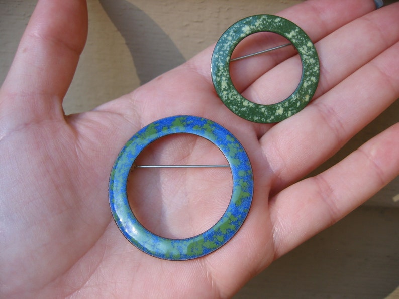 Enamel Copper Brooches Vintage Circle Pins Blue and Green Mid - Etsy