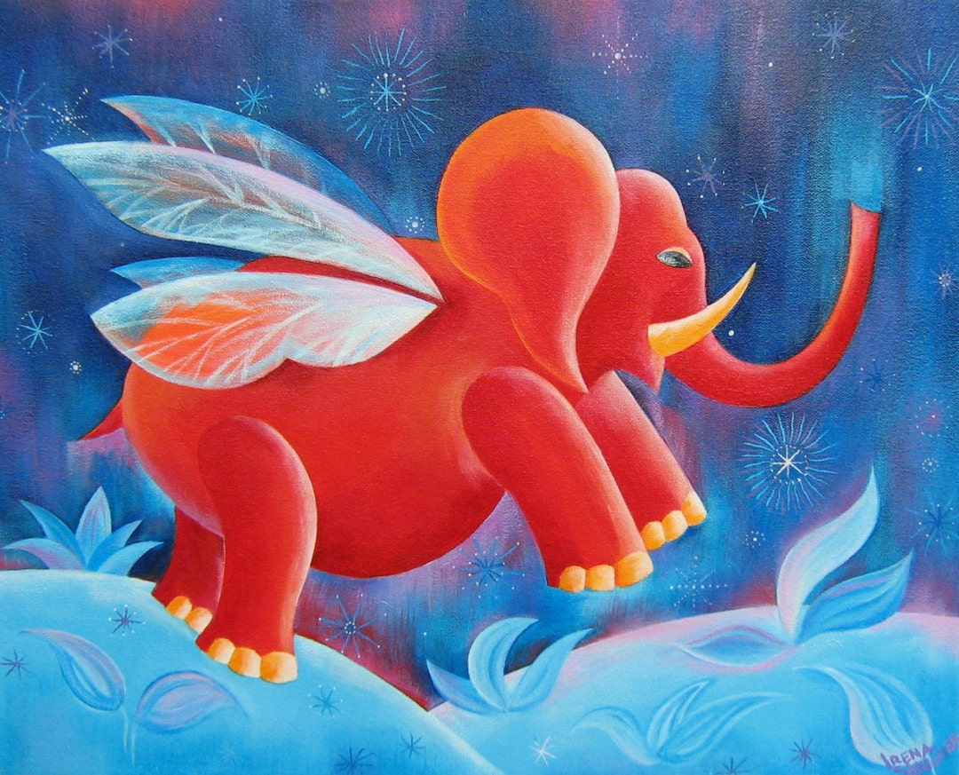 FLYING ELEPHANT, Art Print, Refrigerator Magnet, Whimsical Painting ...