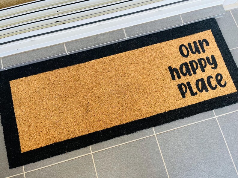 Large Double Door Coir Doormat With Black Border: Our Happy Place 115cm ...