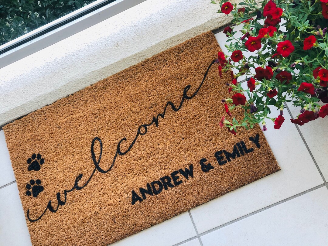 Welcome Personalised Paw Print Coir Door Mat Personalised Gift Welcome ...