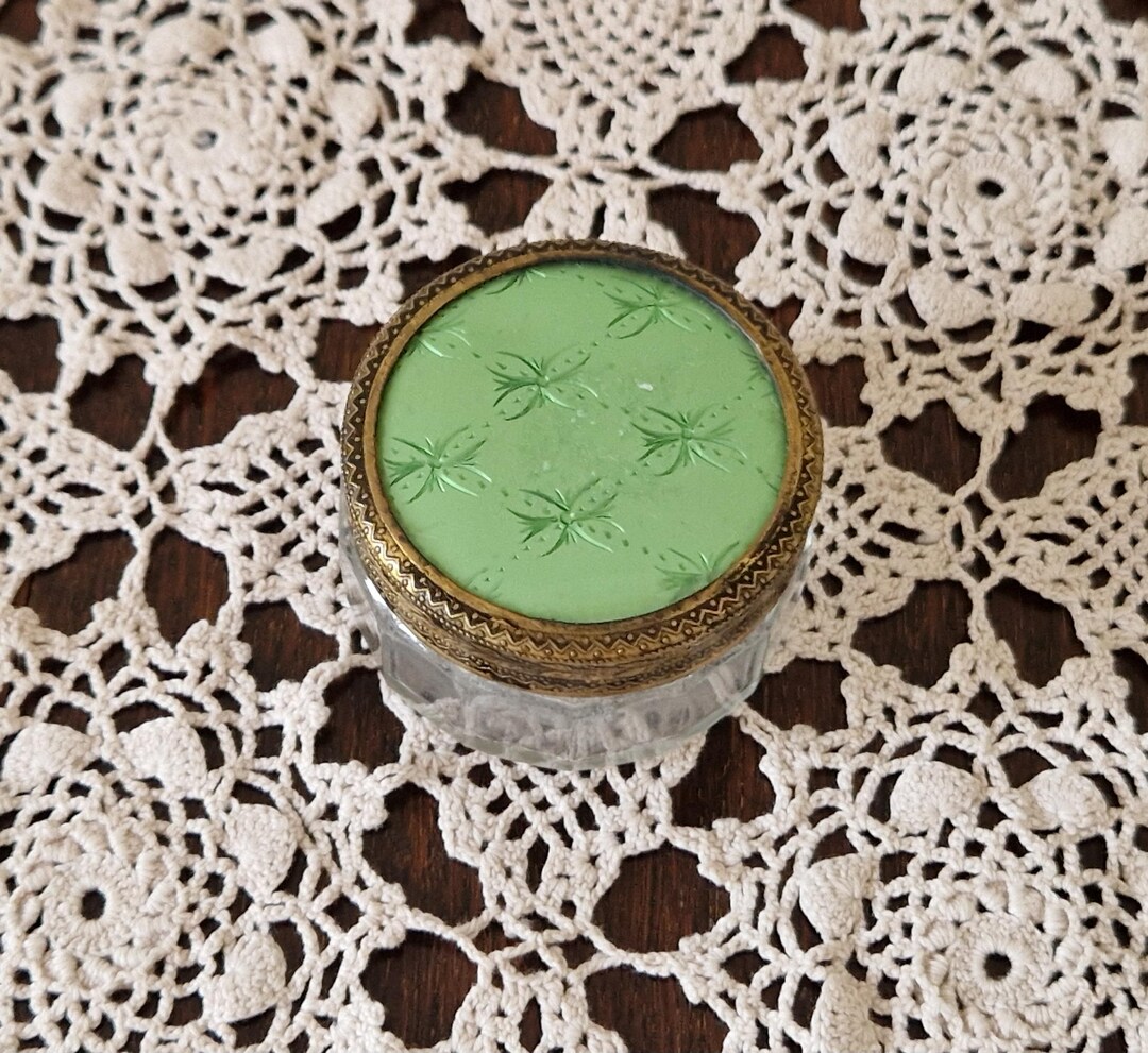 Vintage Green Glass Pot With Lid Dressing Table Trinket Dish, Dressing ...
