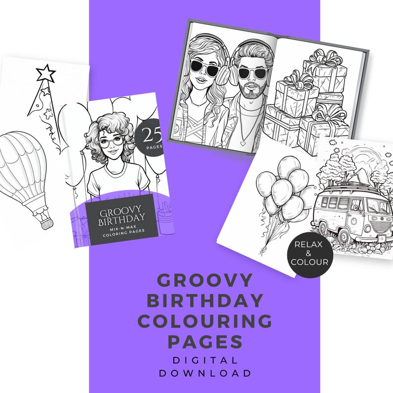 Groovy Birthday Colouring Pages 25 Page Coloring Book - Etsy