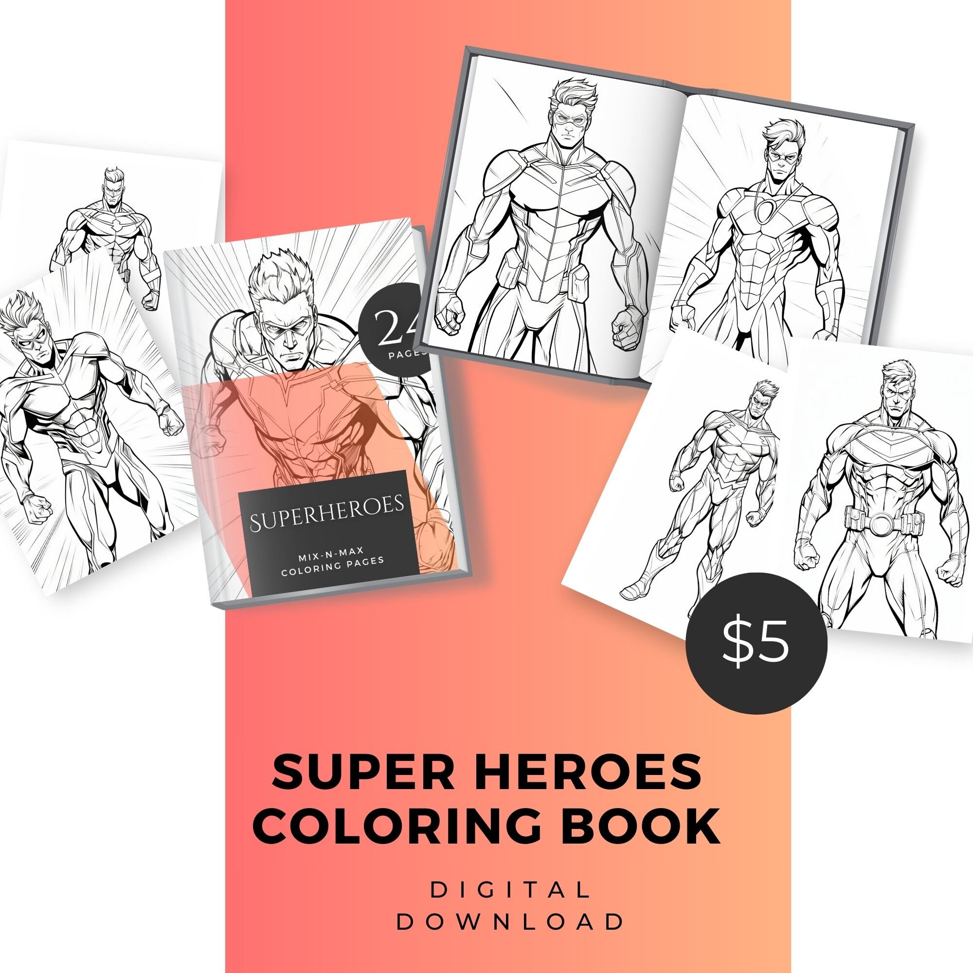 Super Heroes Colouring Pages 24 Page Coloring Book - Etsy