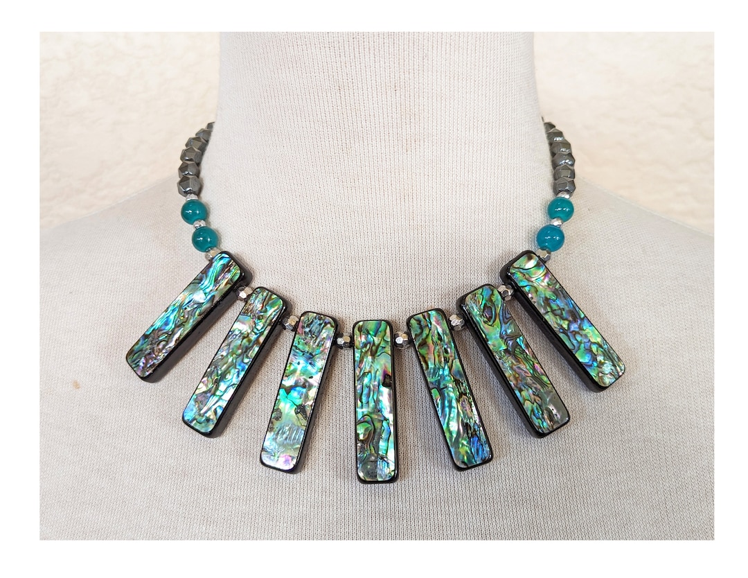 Elegant Teal Abalone Shell Bib Necklace - Aqua Statement Piece for Boho ...