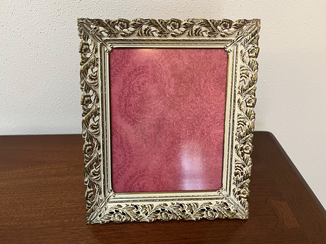 8x10 Ornate Filigree Metal Picture Frame, 1950s / 1960s Gold Tone White ...