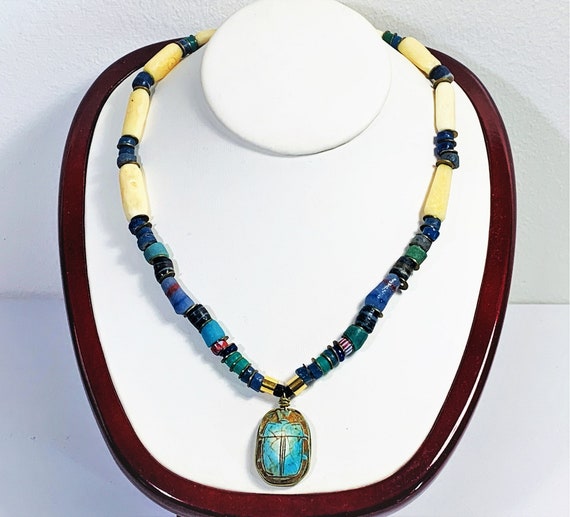 Ancient Egyptian Faience Scarab Mummy & Bone Beads Necklace - Etsy