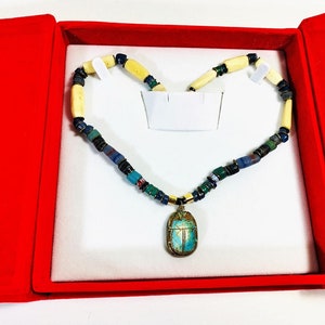 Ancient Egyptian Faience Scarab, Mummy & Bone Beads Necklace, Restrung ...