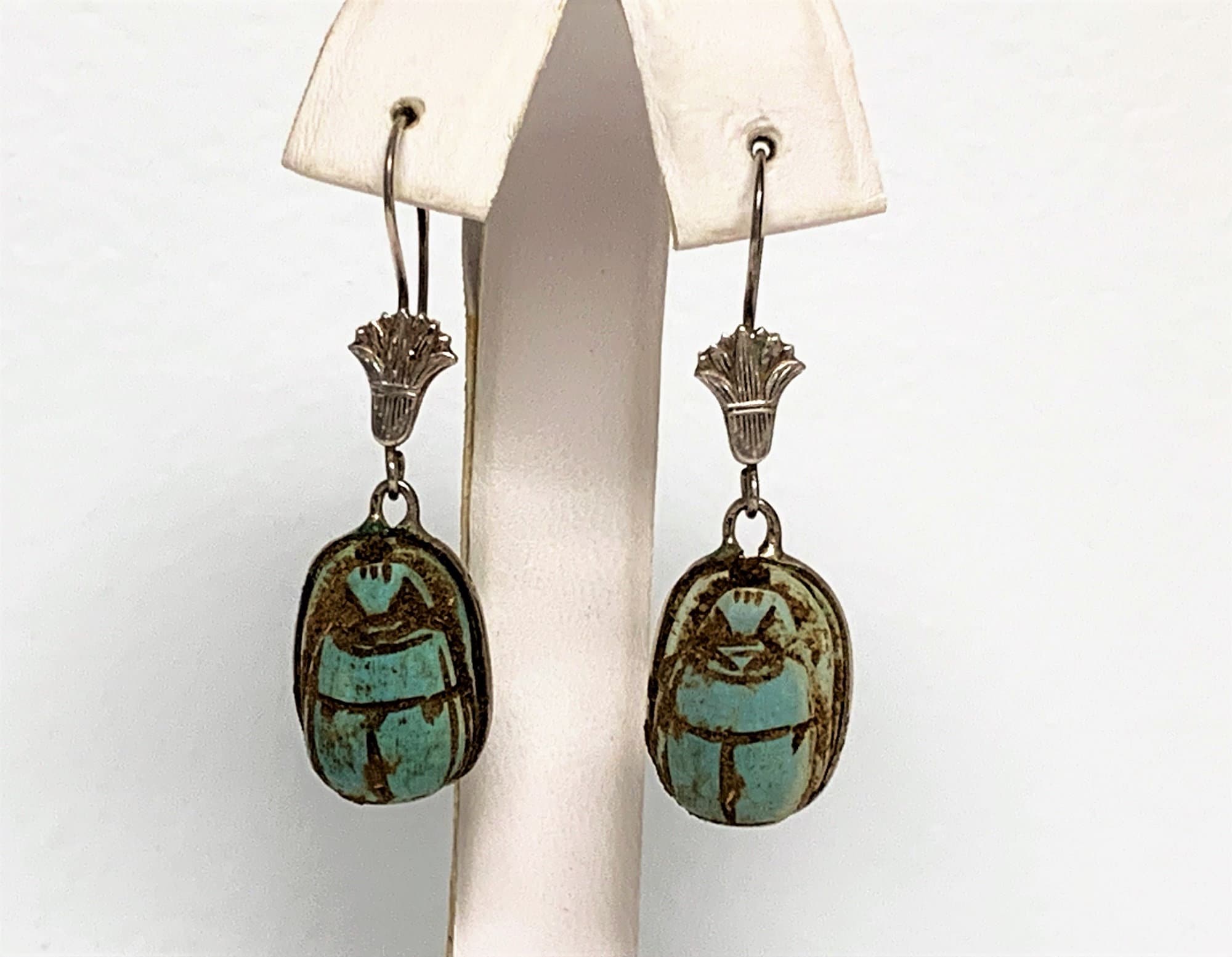 Vintage Ancient Egyptian Faience Scarabs Dangle Earrings, Hand Made ...