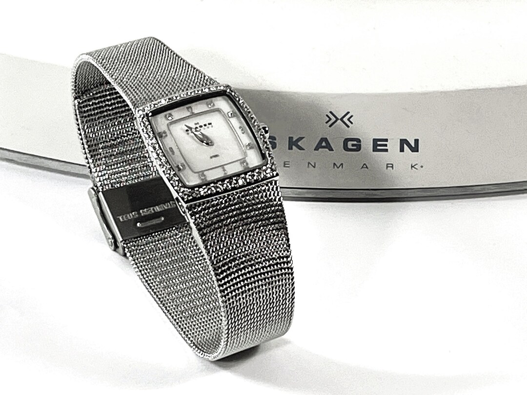 Skagen Designs Steel® Crystal Bezel Mesh Band Women Watch, Mother of ...