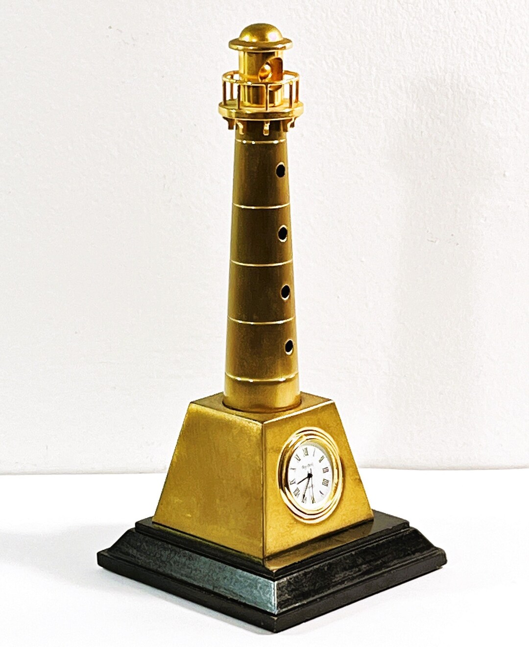 Vintage Bey-berk® Lighthouse Tower Clock, Gold Finish, Wood Base, 9 T ...